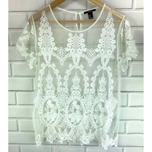 Forever 21 | Tops | Forever 2 White Lace Sheer Top Womens Medium Rom ...